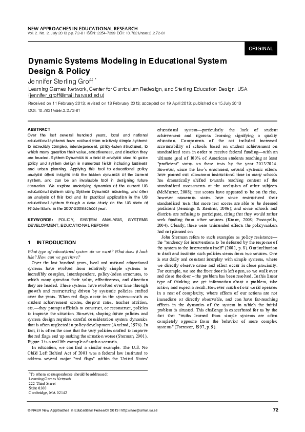 (PDF) Dynamic Systems Modeling in Educational System Design & Policy