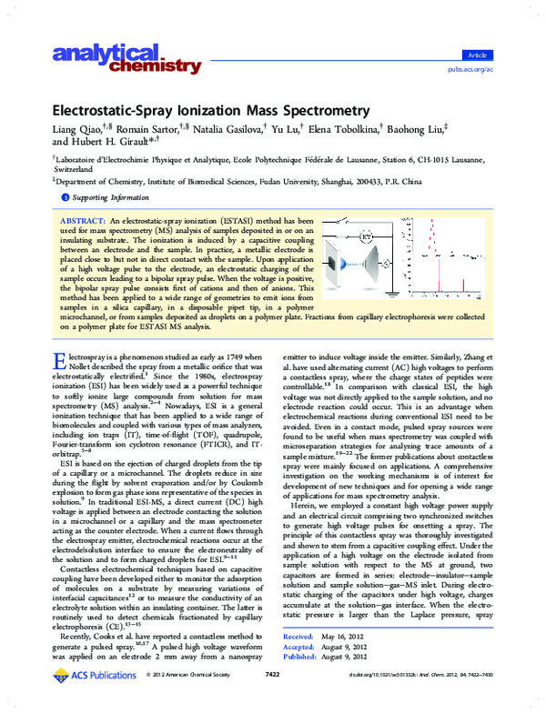 (PDF) Electrostatic-spray ionization mass spectrometry