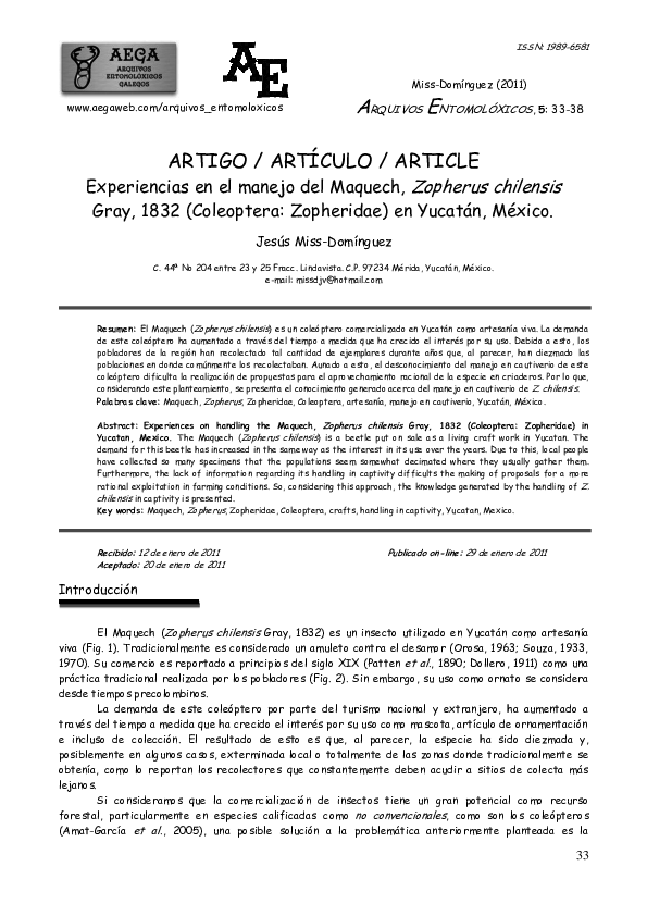 (PDF) Experiencias en el manejo del Maquech, Zopherus chilensis Gray ...