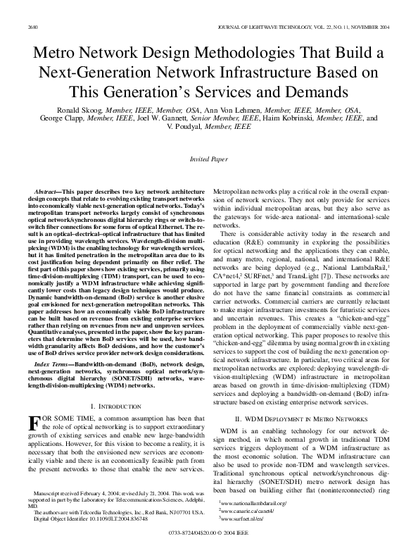 (PDF) Metro network design methodologies that build a next-generation ...