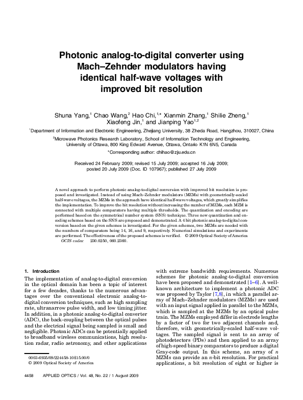 (PDF) Photonic Analog To Digital Converter Using Mach Zehnder Modulators Having Identical Half ...