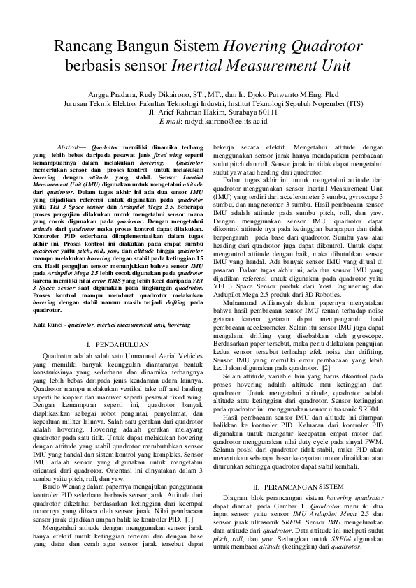 Pdf Rancang Bangun Sistem Hovering Quadrotor Berbasis Sensor Inertial Measurement Unit