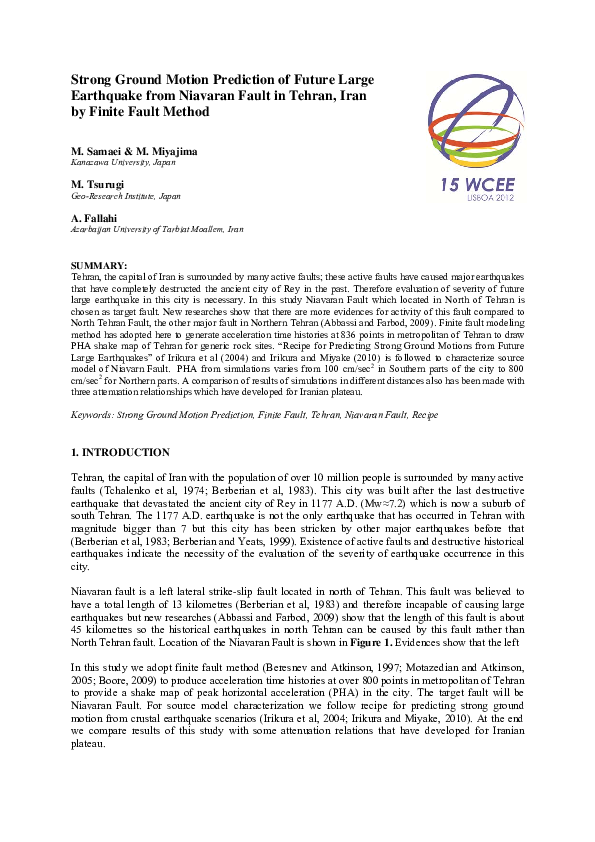 (PDF) Strong Ground Motion Prediction of Future Large Earthquake from Niavaran Fault in Tehran ...