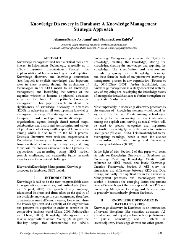 (PDF) Knowledge Discovery in Database: A Knowledge Management Strategic Approach