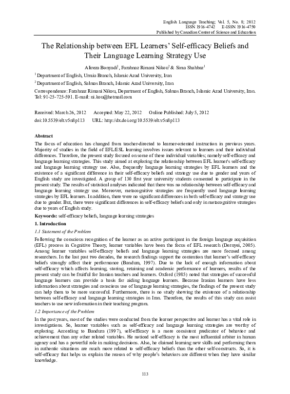 The Relationship Between Efl Learners Self Efficacy Beliefs And Their Language Learning