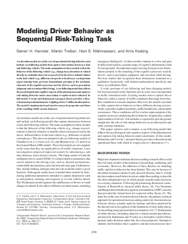 (PDF) Modeling Driver Behavior as Sequential Risk-Taking Task