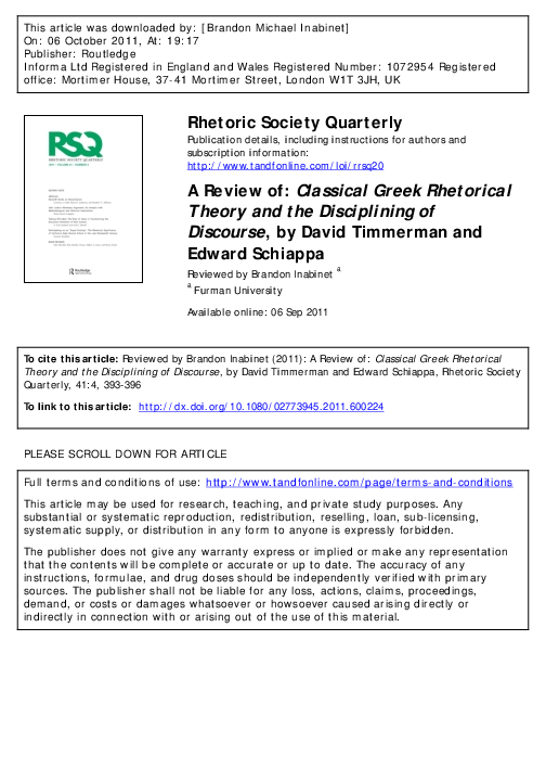 A Review of: Classical Greek Rhetorical Theory and the Disciplining of ...