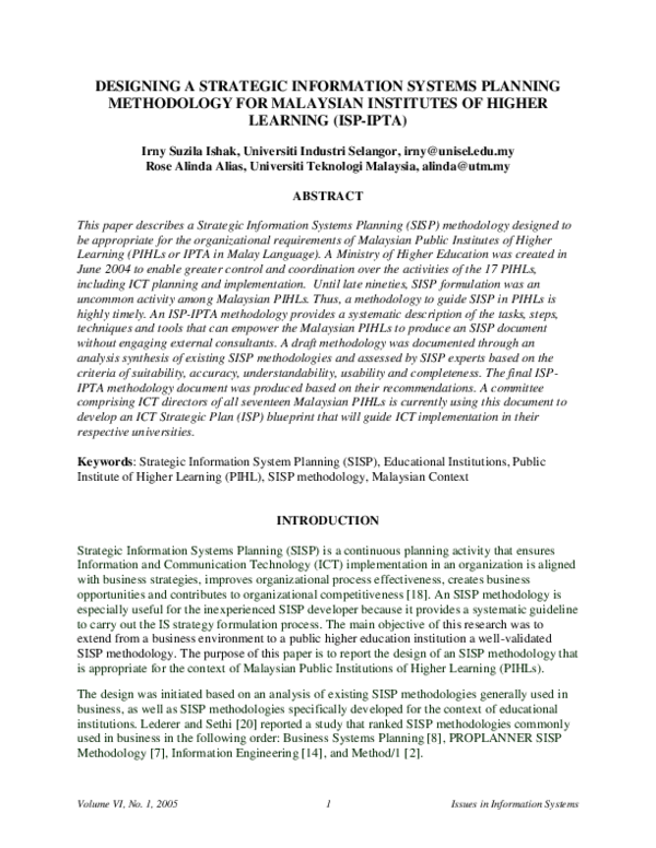 (PDF) DESIGNING A STRATEGIC INFORMATION SYSTEMS PLANNING METHODOLOGY ...