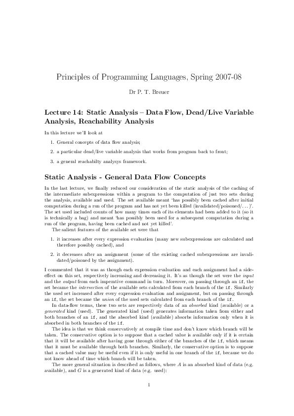 (PDF) Lecture 14 (Notes) - Static Analysis: Data Flow, Dead/Live ...