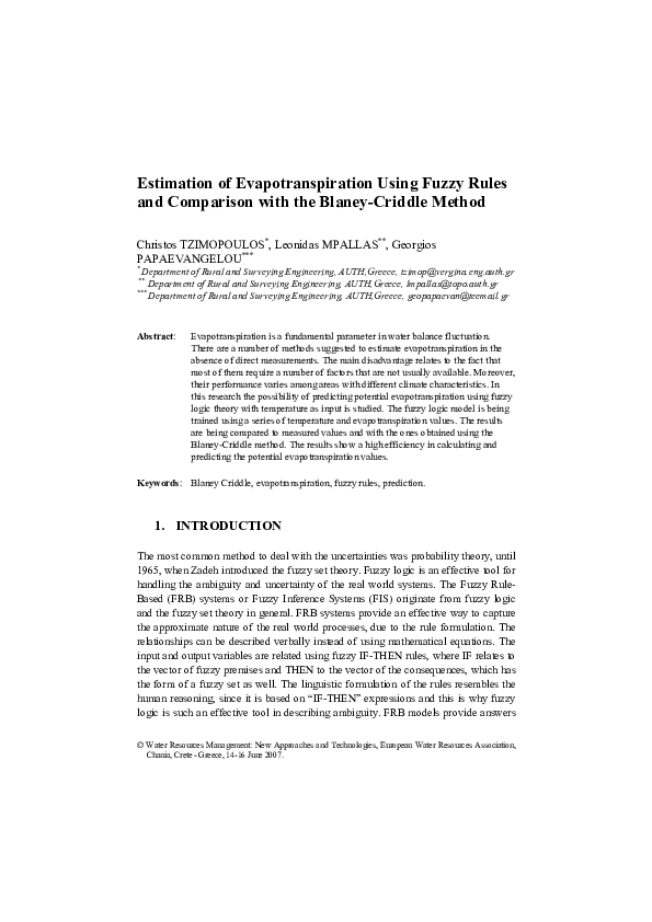 (PDF) Estimation of Evapotranspiration Using Fuzzy Rules and Comparison ...