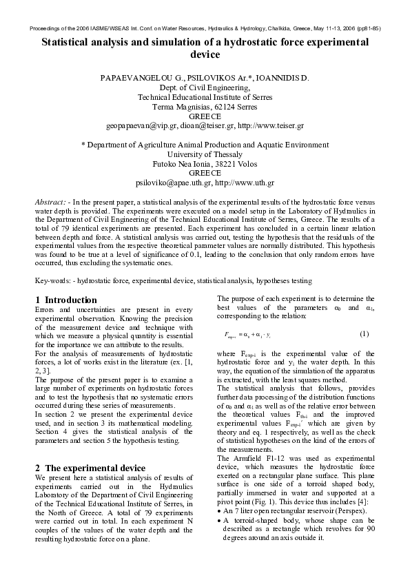 (PDF) Statistical analysis and simulation of a hydrostatic force ...