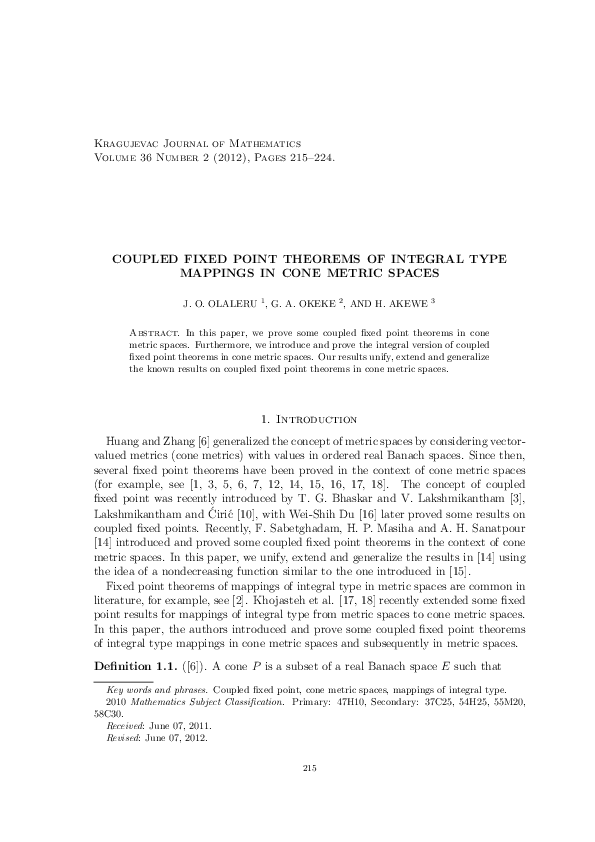 Pdf Coupled Fixed Point Theorems Of Integral Type Mappings In Cone Metric Spaces