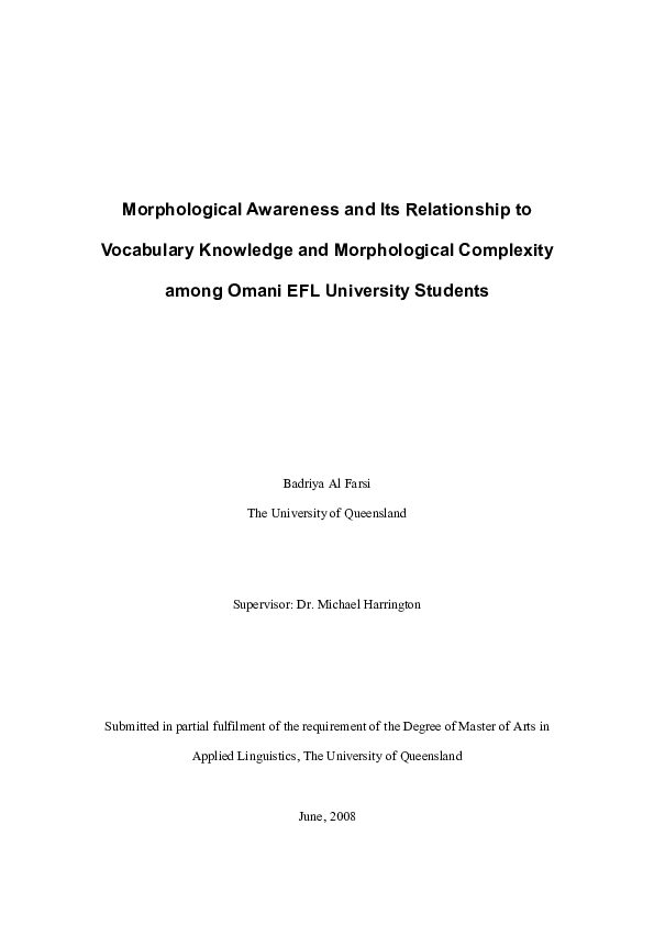 (PDF) Morphological Awareness and Its Relationship to Vocabulary Knowledge and Morphological ...