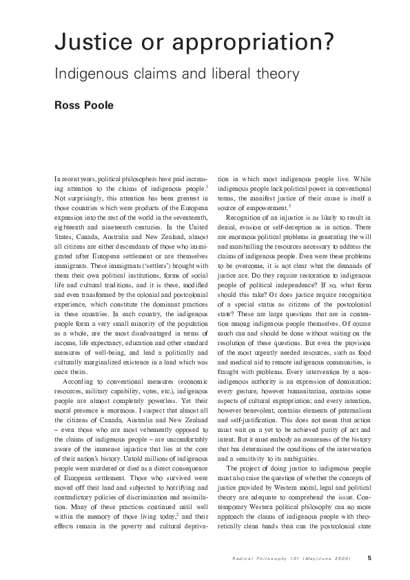 (PDF) Justice or Appropriation? Indigenous Claims and Liberal Theory (2000)
