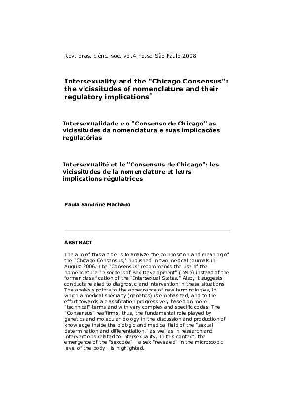 (PDF) Intersexuality and the "Chicago Consensus": the vicissitudes of ...