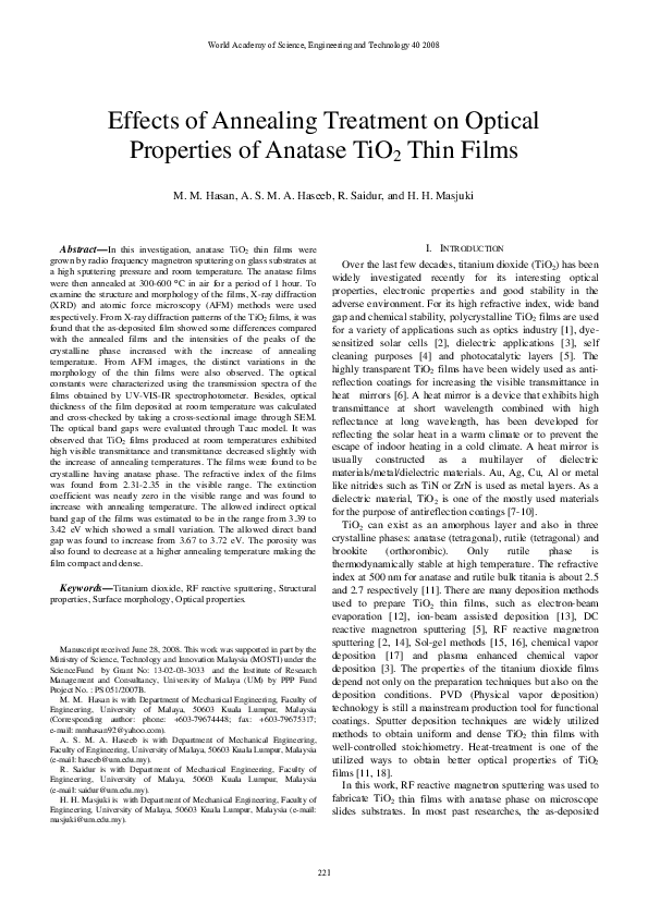 Pdf Effects Of Annealing Treatment On Optical Properties Of Anatase Tio2 Thin Films