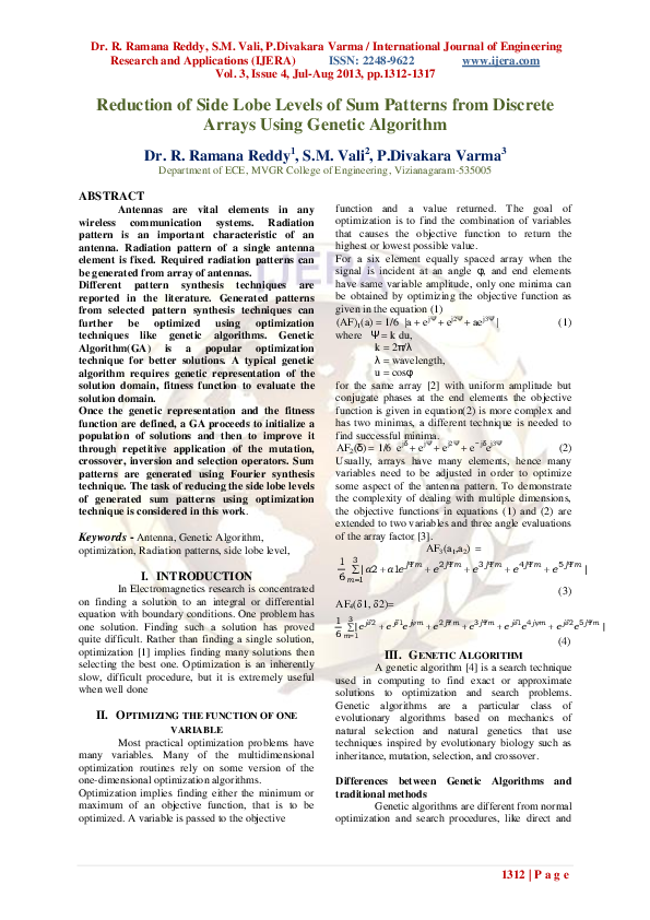 Pdf Reduction Of Side Lobe Levels Of Sum Patterns From Discrete Arrays Using Genetic Algorithm