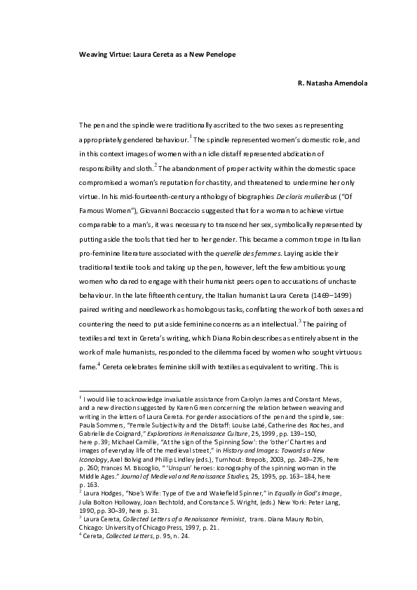 (PDF) Weaving Virtue: Laura Cereta as a New Penelope