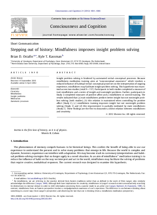 (PDF) Stepping out of history: Mindfulness improves insight problem solving