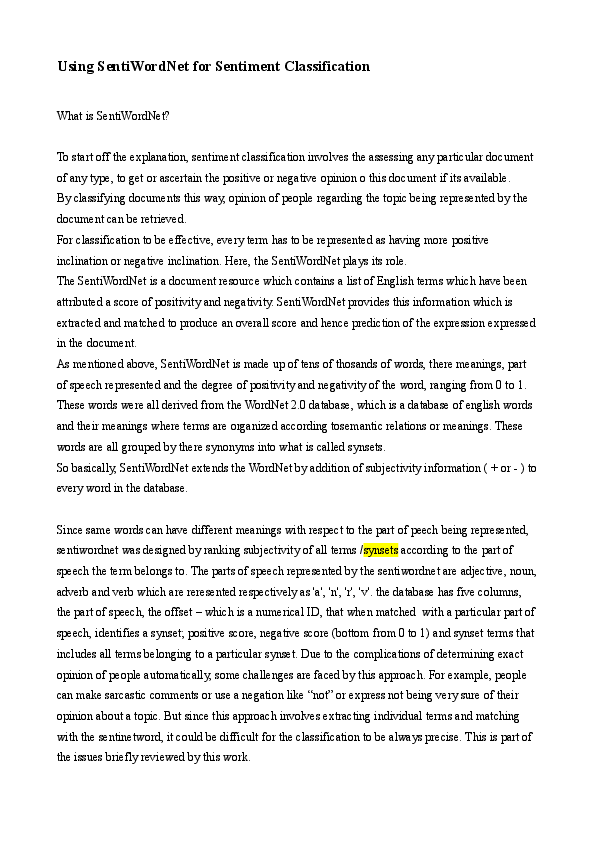 (DOC) Using SentiWordNet for Sentiment Classification What is SentiWordNet