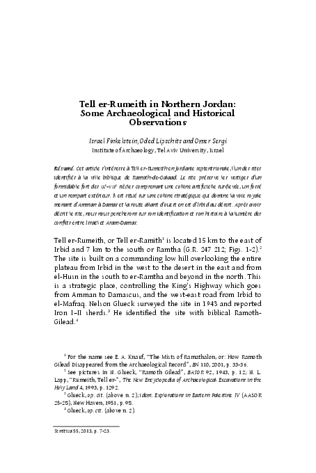 (PDF) Finkelstein, I., Lipschits, O. and Sergi, O. 2013. Tell er ...