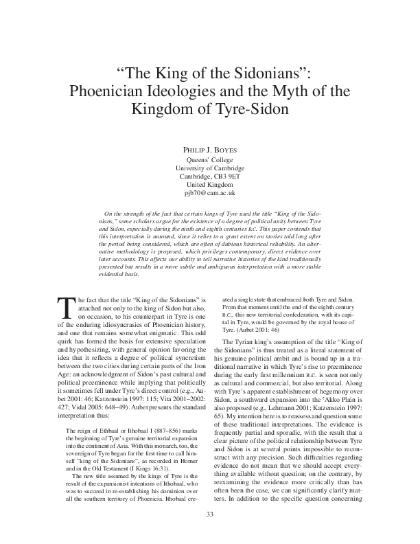 (PDF) “The King of the Sidonians”: Phoenician Ideologies and the Myth ...