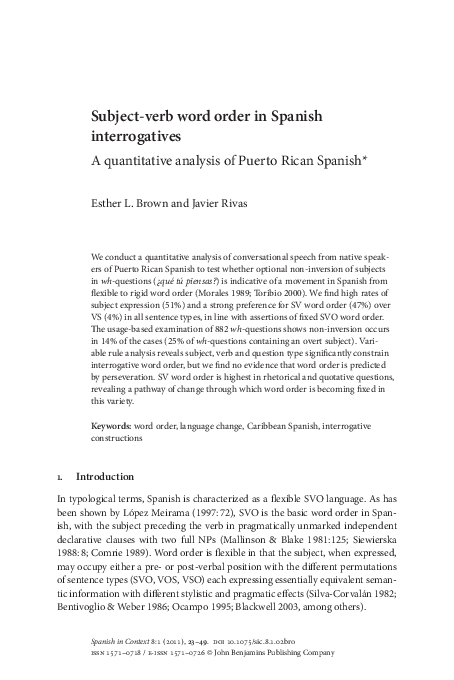 (PDF) Subject ~ Verb word-order in Spanish interrogatives Brown & Rivas ...