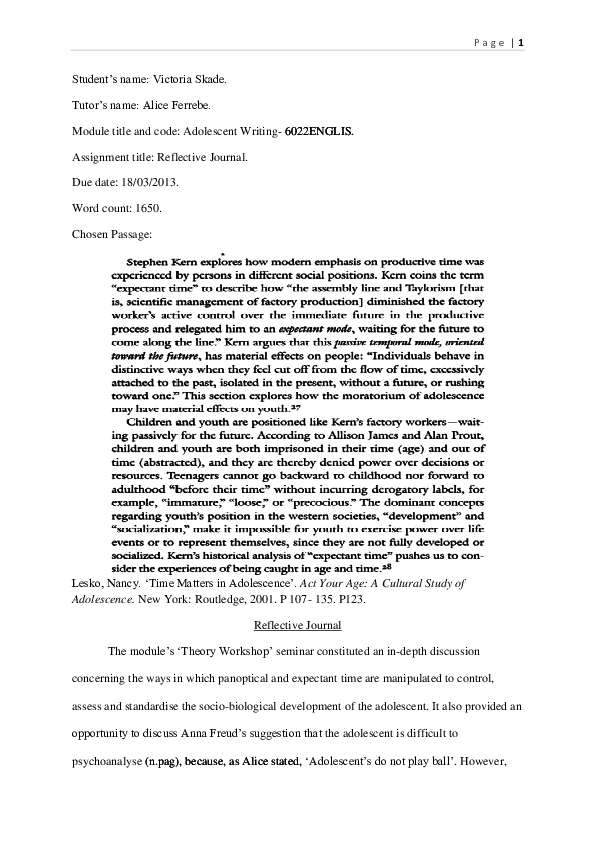 (DOC) Reflective Journal based on Nancy Lesko's suggestion of the ...