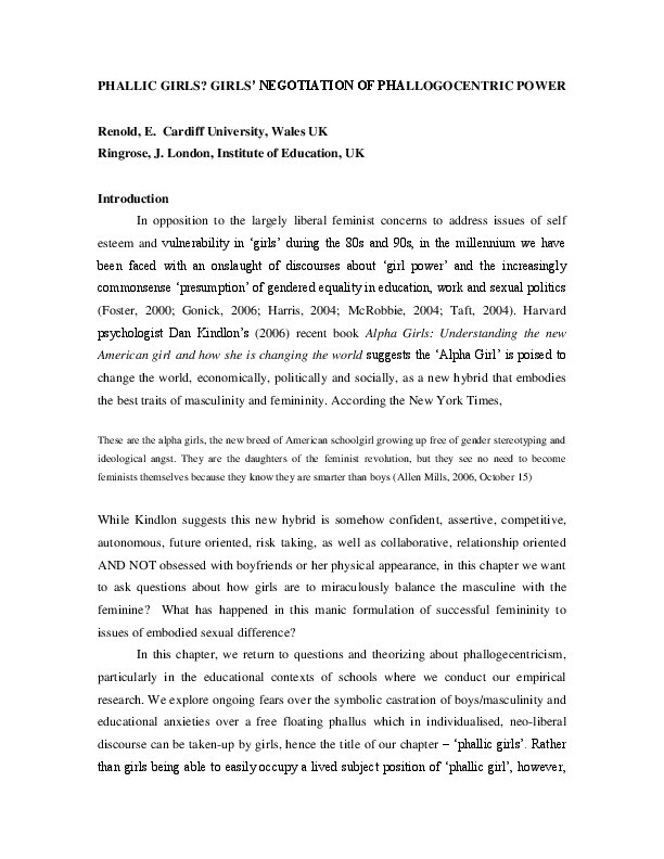 (PDF) Phallic girls?: Girls' negotiation of phallogocentric power