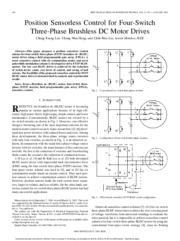 Pdf Position Sensorless Control For Four Switch Three Phase Brushless Dc Motor Drives Ramya