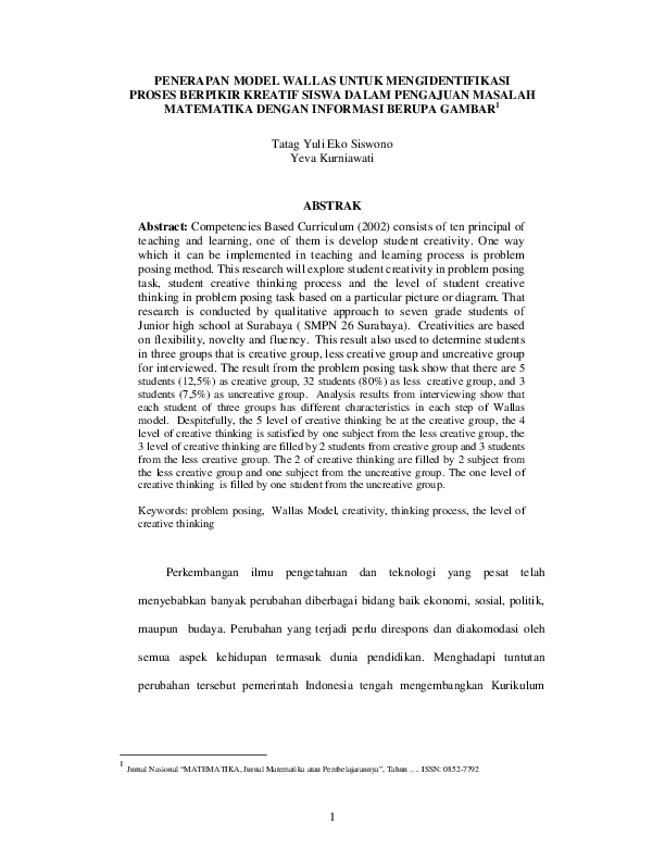 (PDF) PENERAPAN MODEL WALLAS UNTUK MENGIDENTIFIKASI PROSES BERPIKIR KREATIF SISWA DALAM ...