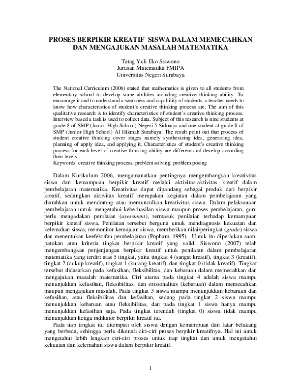 (PDF) PROSES BERPIKIR KREATIF SISWA DALAM MEMECAHKAN DAN MENGAJUKAN MASALAH MATEMATIKA