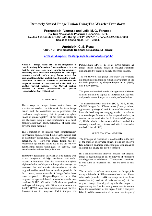 (PDF) Remotely Sensed Image Fusion Using The Wavelet Transform