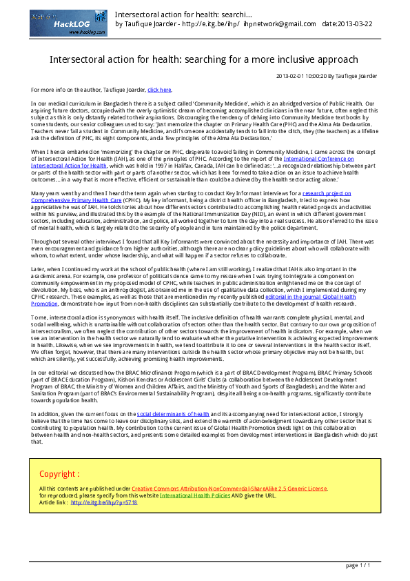 (PDF) Intersectoral action for health: searching for a more inclusive ...