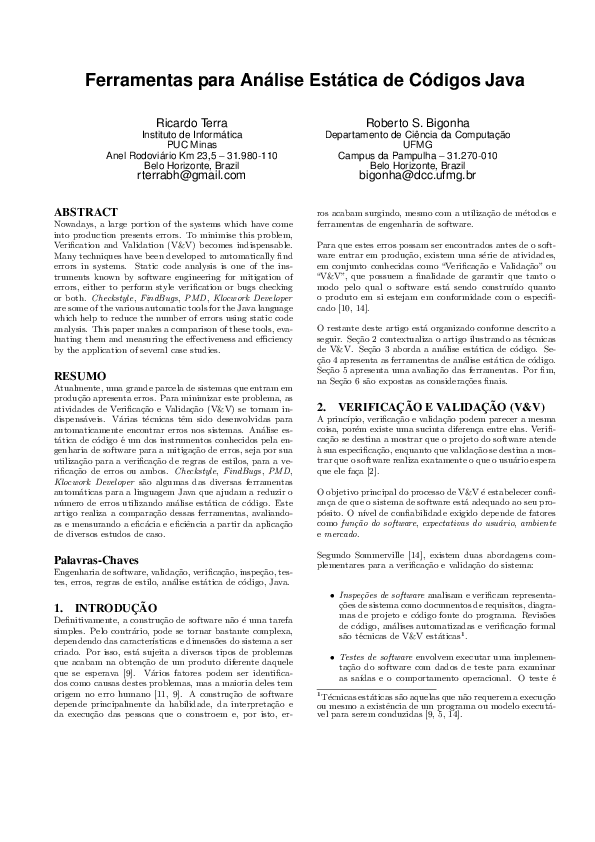 (PDF) Ferramentas para Analise Estatica de Codigos Java