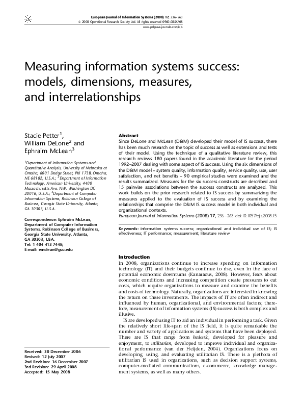 (PDF) Measuring information systems success models dimensions measures ...