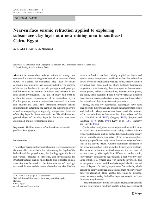 Pdf Near Surface Seismic Refraction Applied To Exploring Subsurface Clay Layer At A New Mining