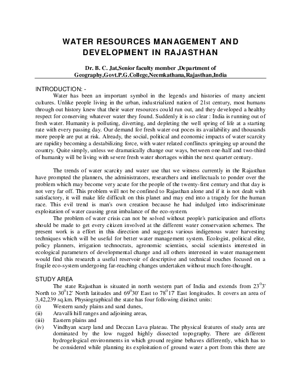 (PDF) WATER RESOURCES MANAGEMENT AND DEVELOPMENT IN RAJASTHAN