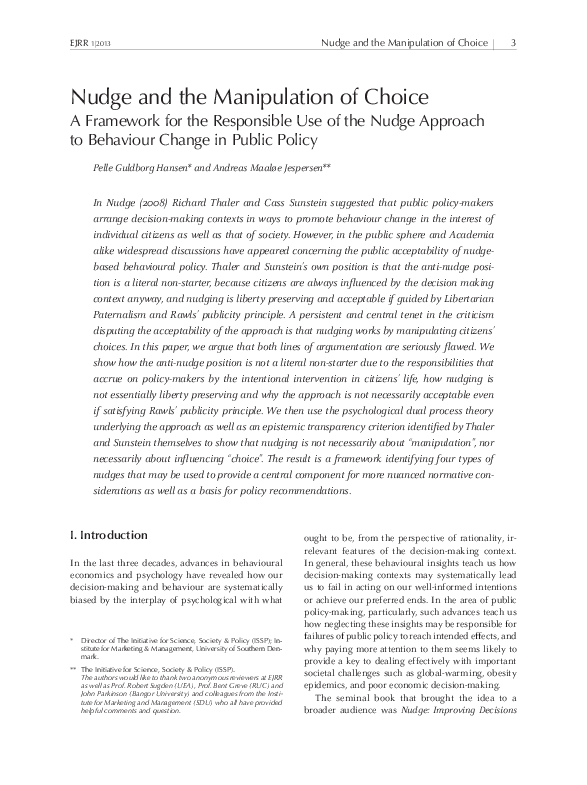 (PDF) Nudge and the Manipulation of Choice: A Framework for the ...