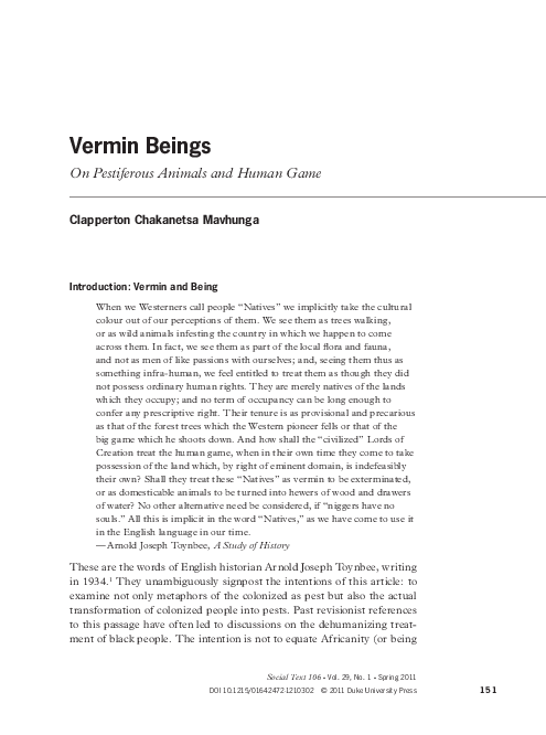(PDF) On Vermin Beings: On Pestiferous Animals and Human Game