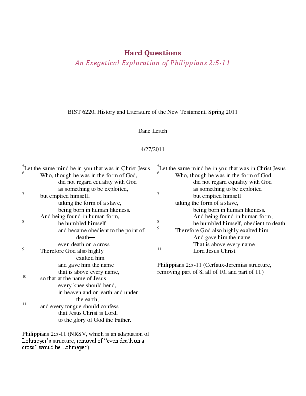 (DOC) Hard Questions: An Exegetical Exploration of Philippians 2:5-11