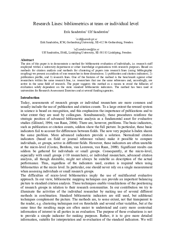 (DOC) Research Lines: bibliometrics at team or individual level