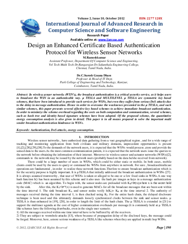 Pdf Design An Enhanced Certificate Based Authentication Protocol For Wireless Sensor Networks