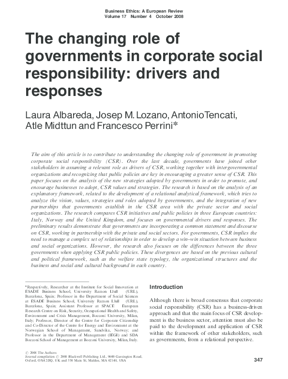 (PDF) The Changing Role of Governments in Corporate Social ...