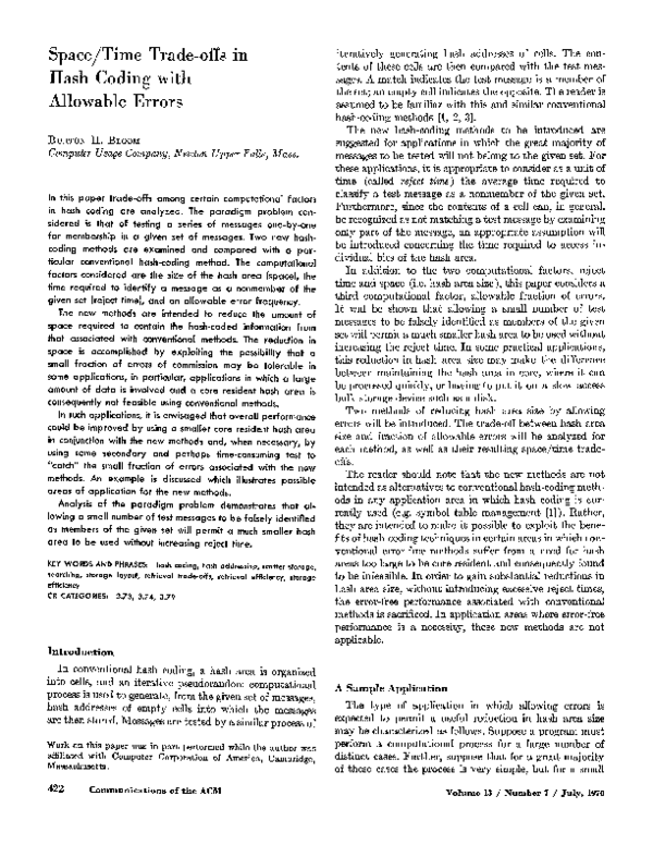 (PDF) Space/time trade-offs in hash coding with allowable errors