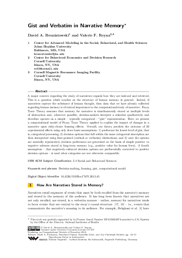 (PDF) Gist and Verbatim in Narrative Memory