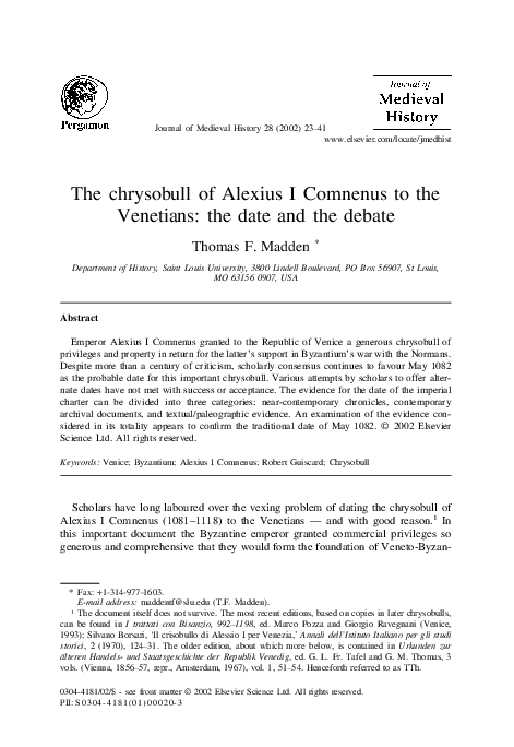 (PDF) The Chrysobull of Alexius I Comnenus to the Venetians: The Date ...