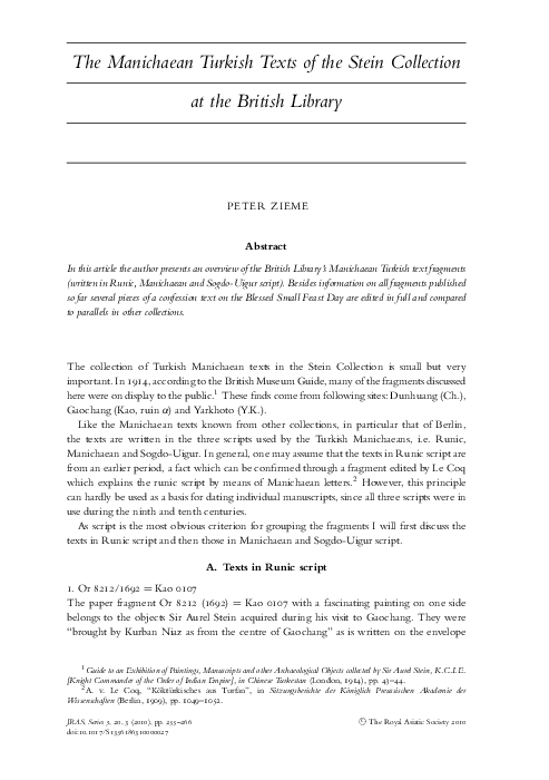 (PDF) The Manichaean Turkish Texts of the Stein Collection at the ...