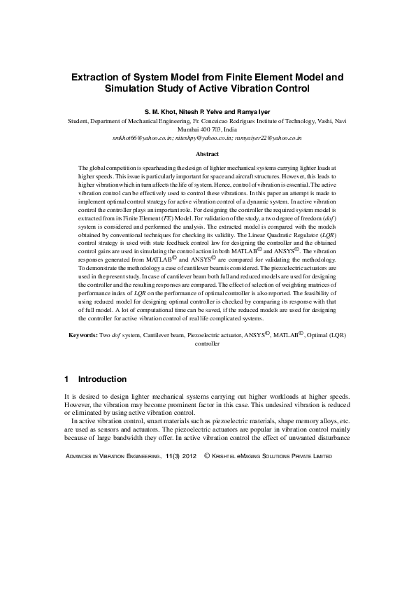 (PDF) Extraction of System Model from Finite Element Model and Simulation Study of Active ...