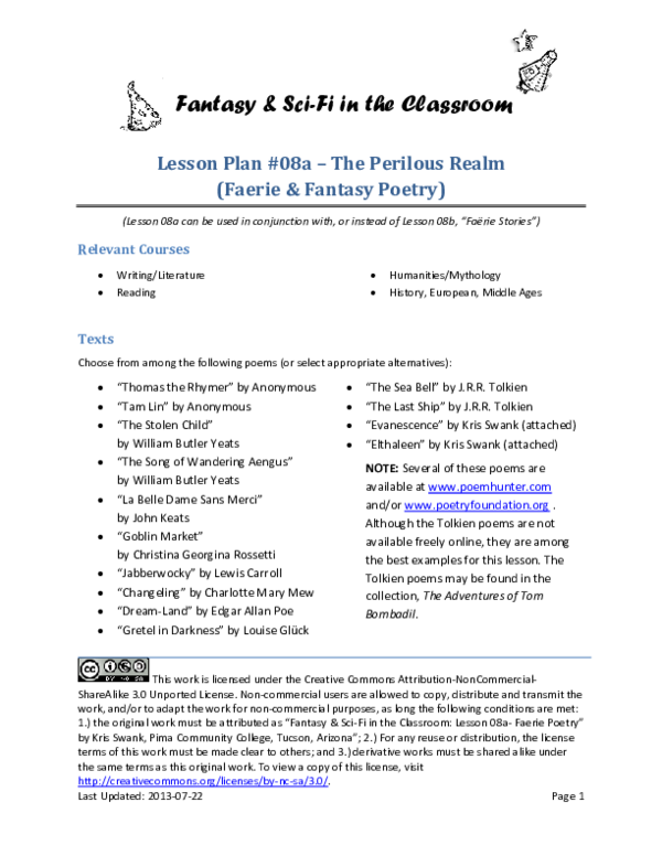 (PDF) Lesson 08a- Faerie Poetry (Fantasy & Sci-Fi in the Classroom)